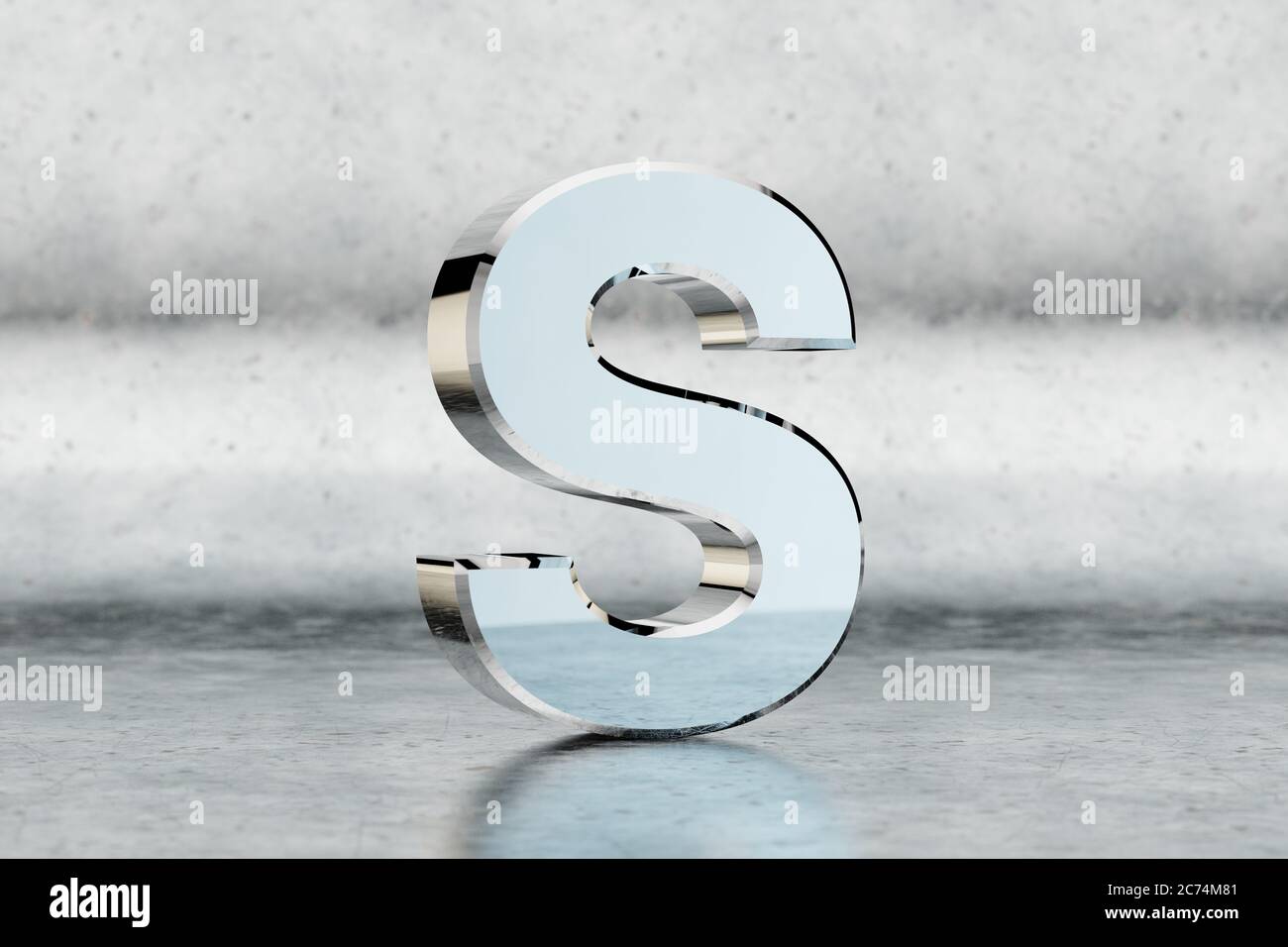 Chrome 3d letter S uppercase. Glossy chrome letter on scratched metal ...