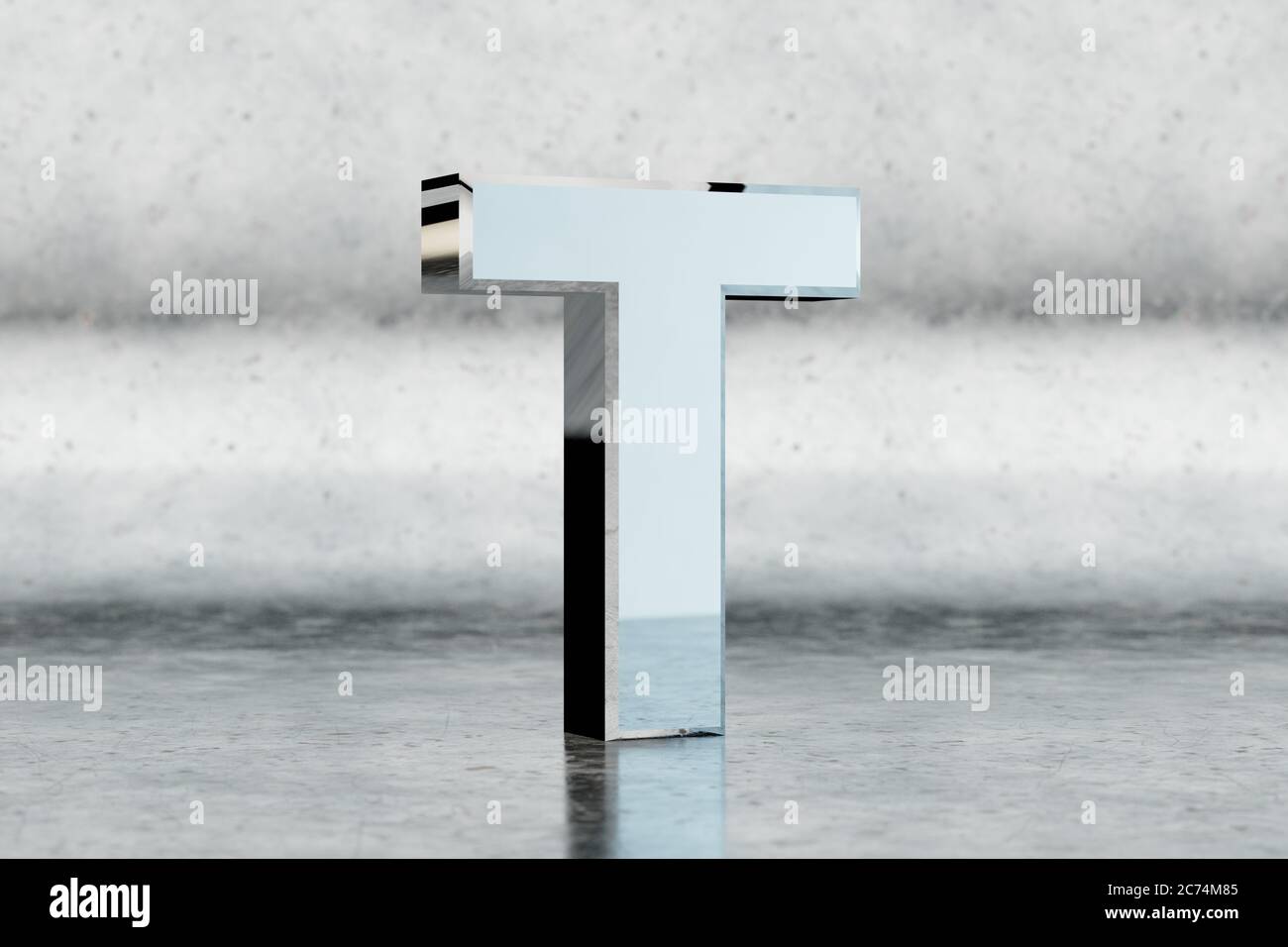 Chrome 3d letter T uppercase. Glossy chrome letter on scratched metal ...