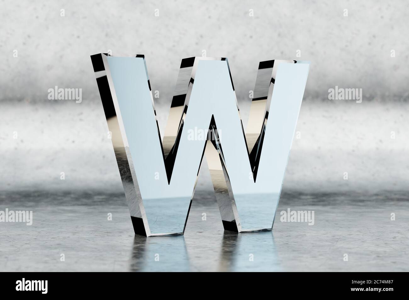 Chrome 3d letter W uppercase. Glossy chrome letter on scratched metal ...