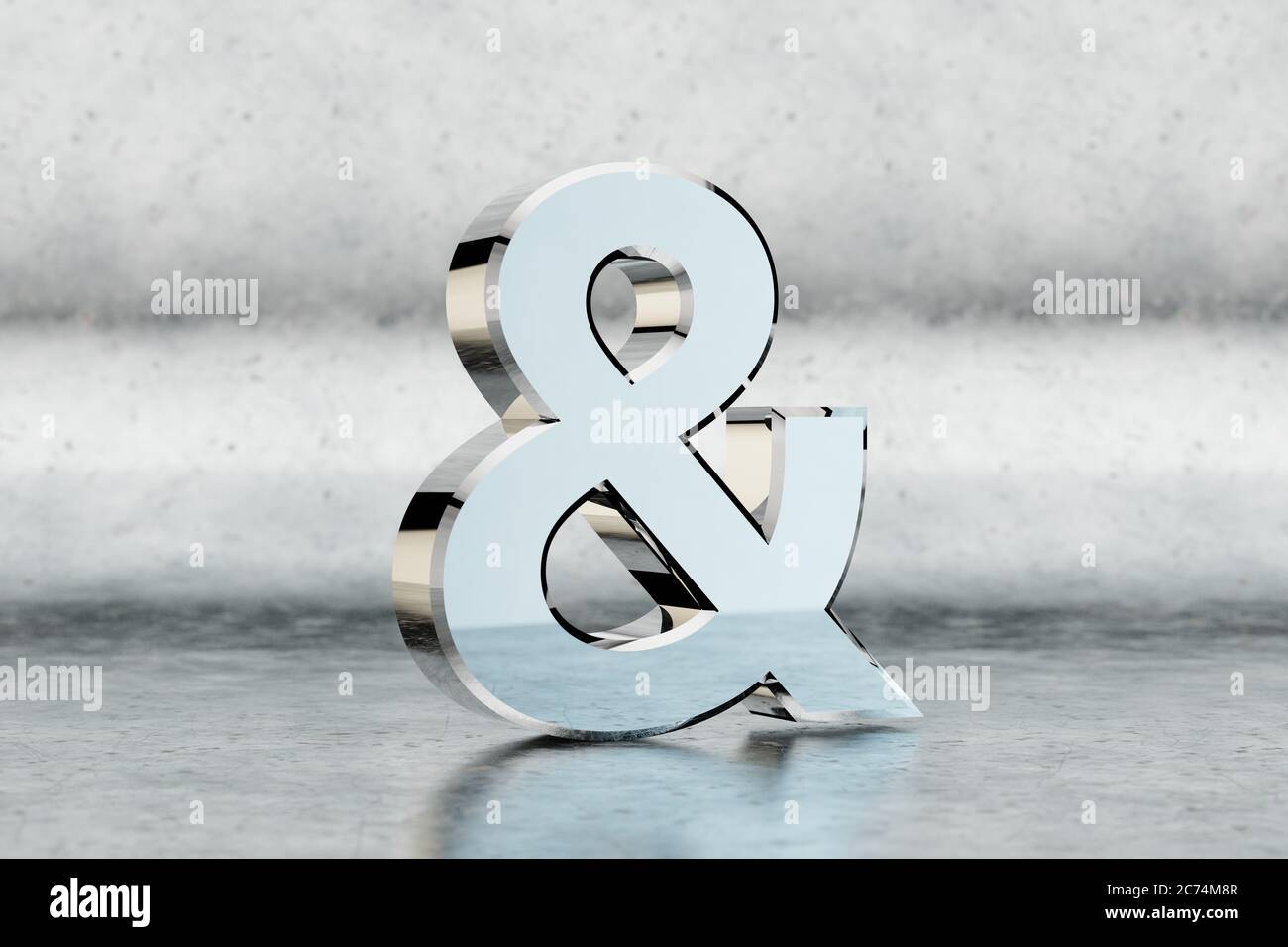 Chrome 3d ampersand symbol. Glossy chrome sign on scratched metal ...