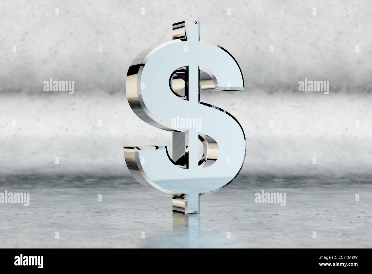 Chrome 3d dollar symbol. Glossy chrome sign on scratched metal ...