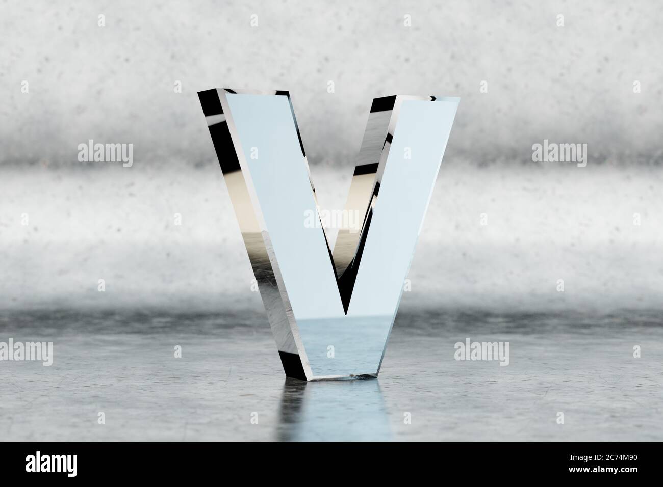 Chrome 3d letter V uppercase. Glossy chrome letter on scratched metal ...