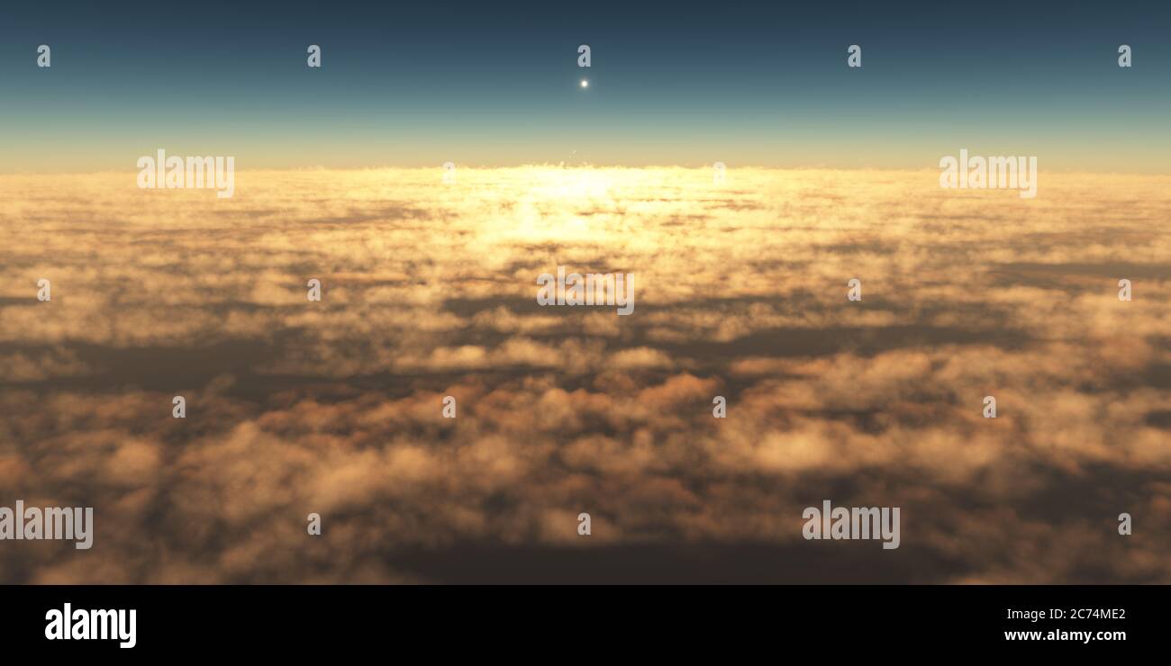 fly above clouds sunset landscape, 3d render illustration Stock Photo ...