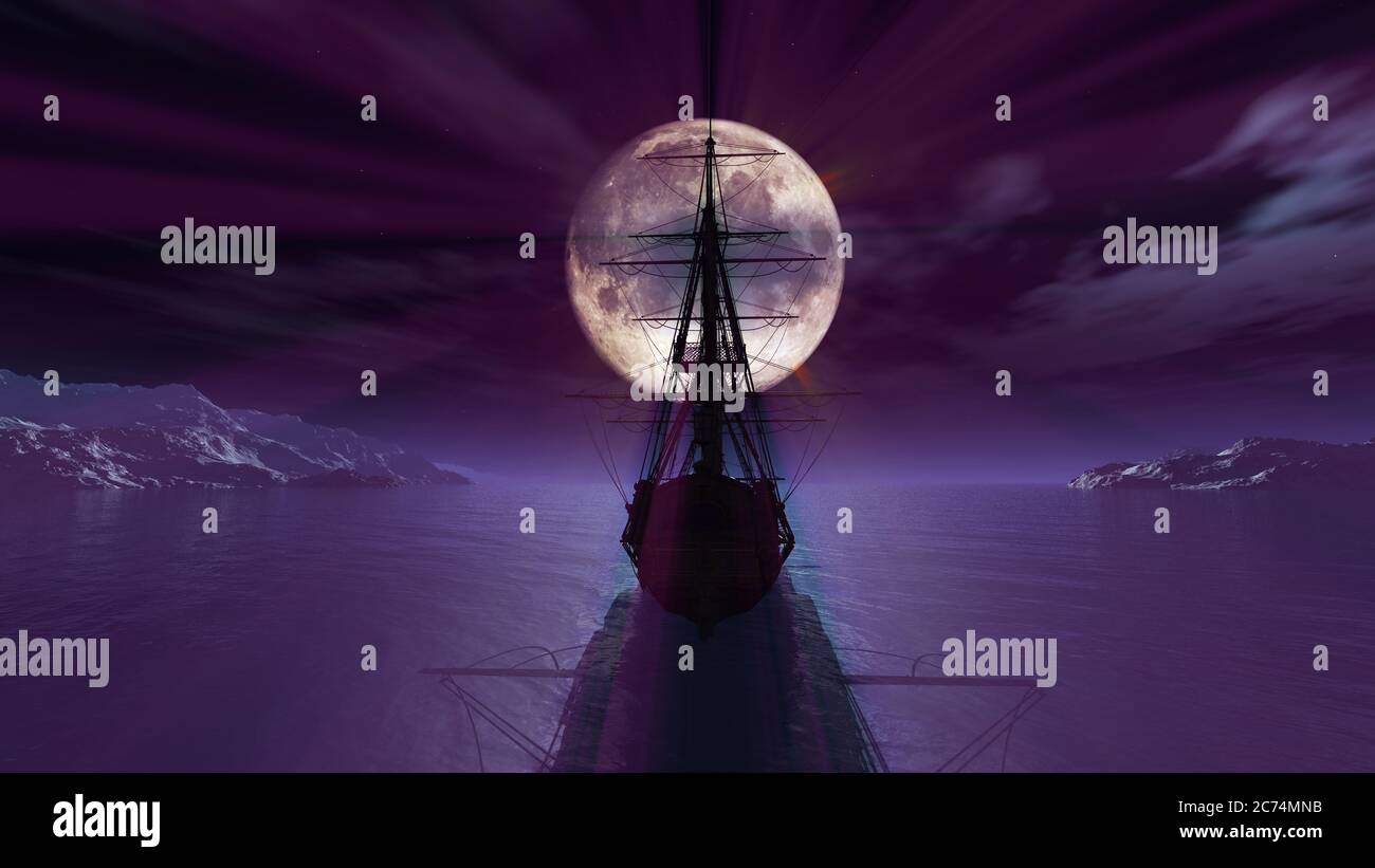 old ship in the night full moon 3d render illustration Stock Photo - Alamy