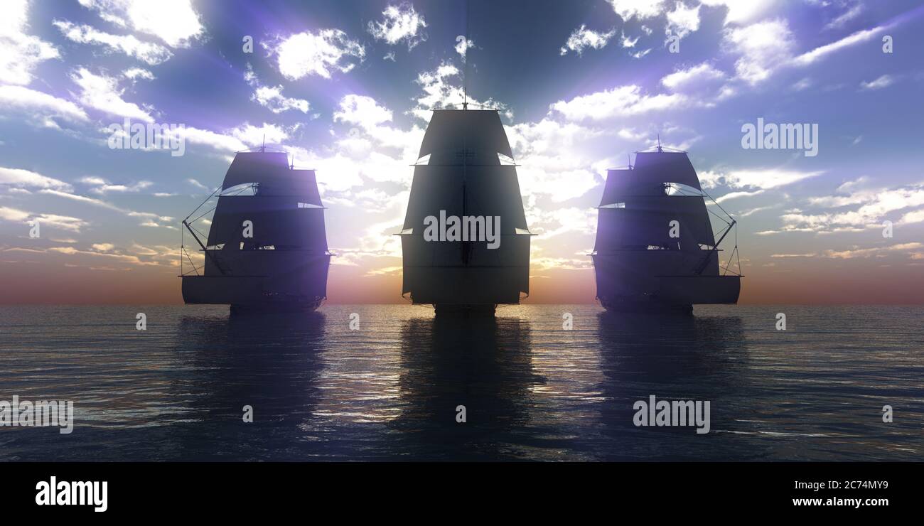 old three ships sunset at sea, 3d rendering illustration Stock Photo ...