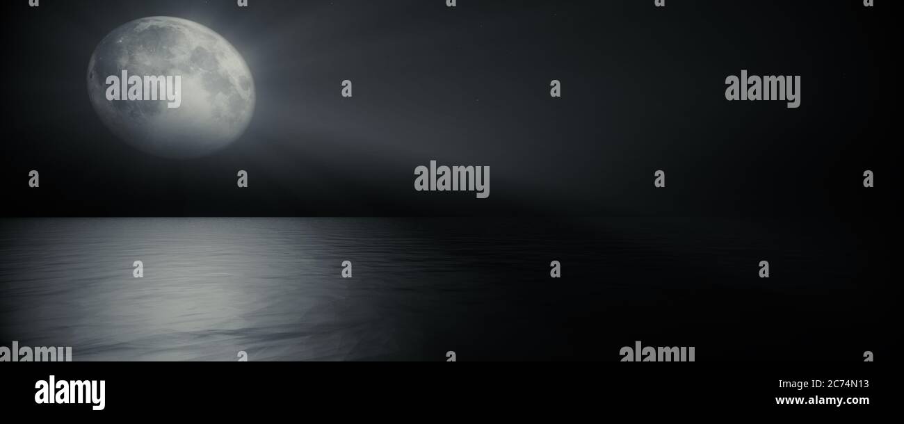 full moon in the sky background reflection in the sea ocean water. 3D ...