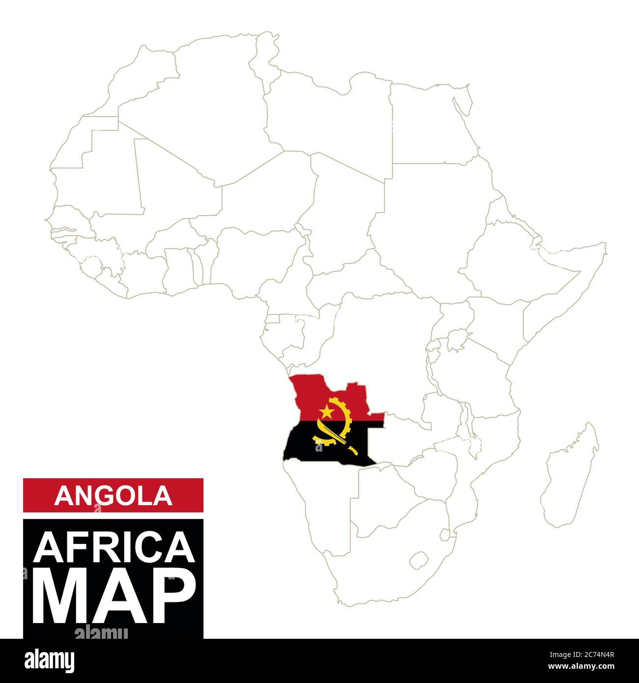 Africa contoured map with highlighted Angola. Angola map and flag on ...