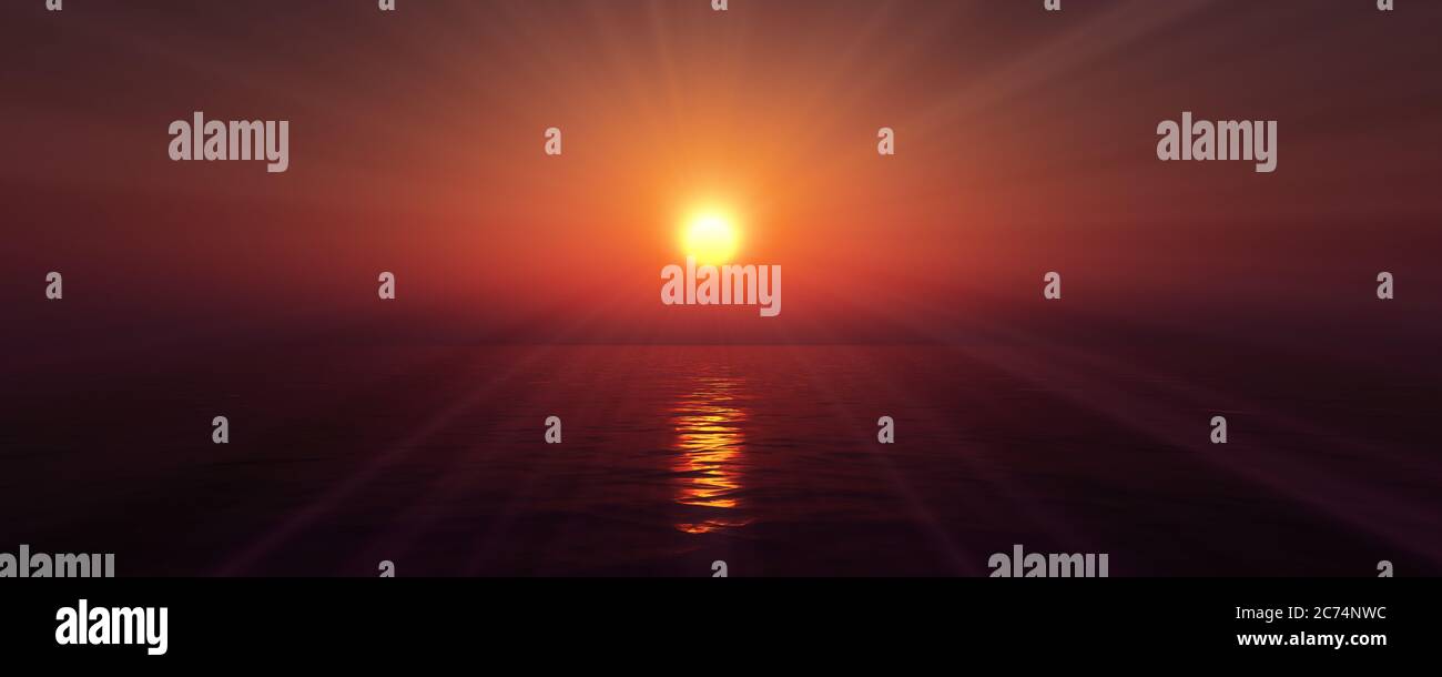sunset sea sun ray clear sky, 3d rendering illustration Stock Photo - Alamy