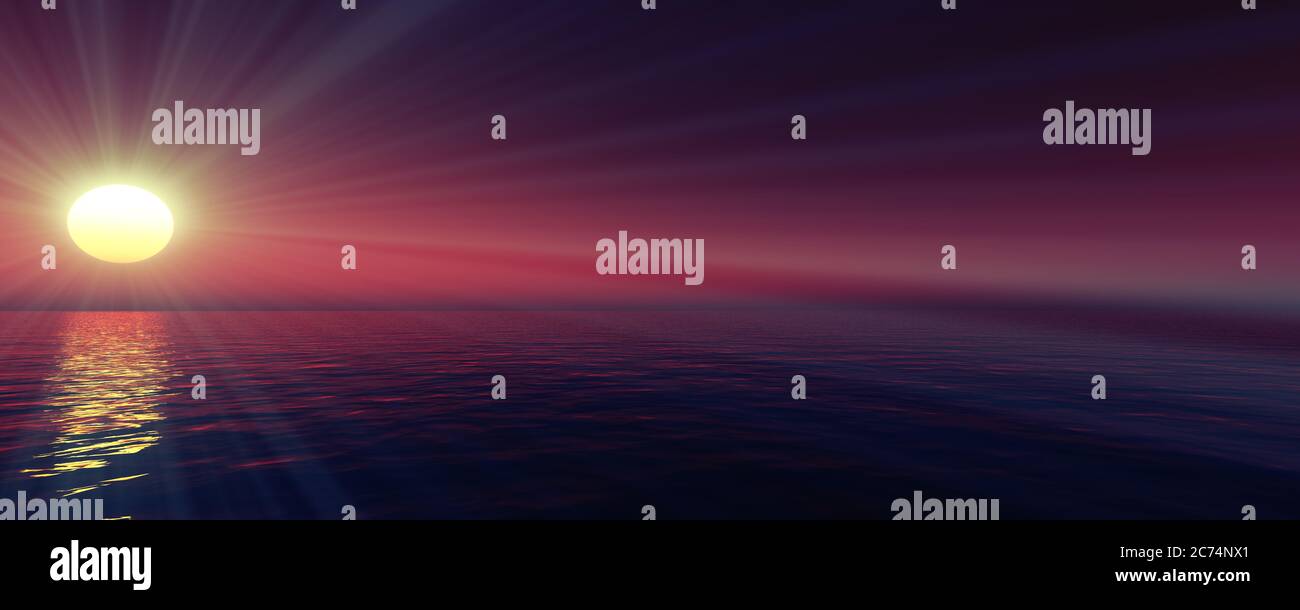 sunset sea sun ray clear sky, 3d rendering illustration Stock Photo - Alamy