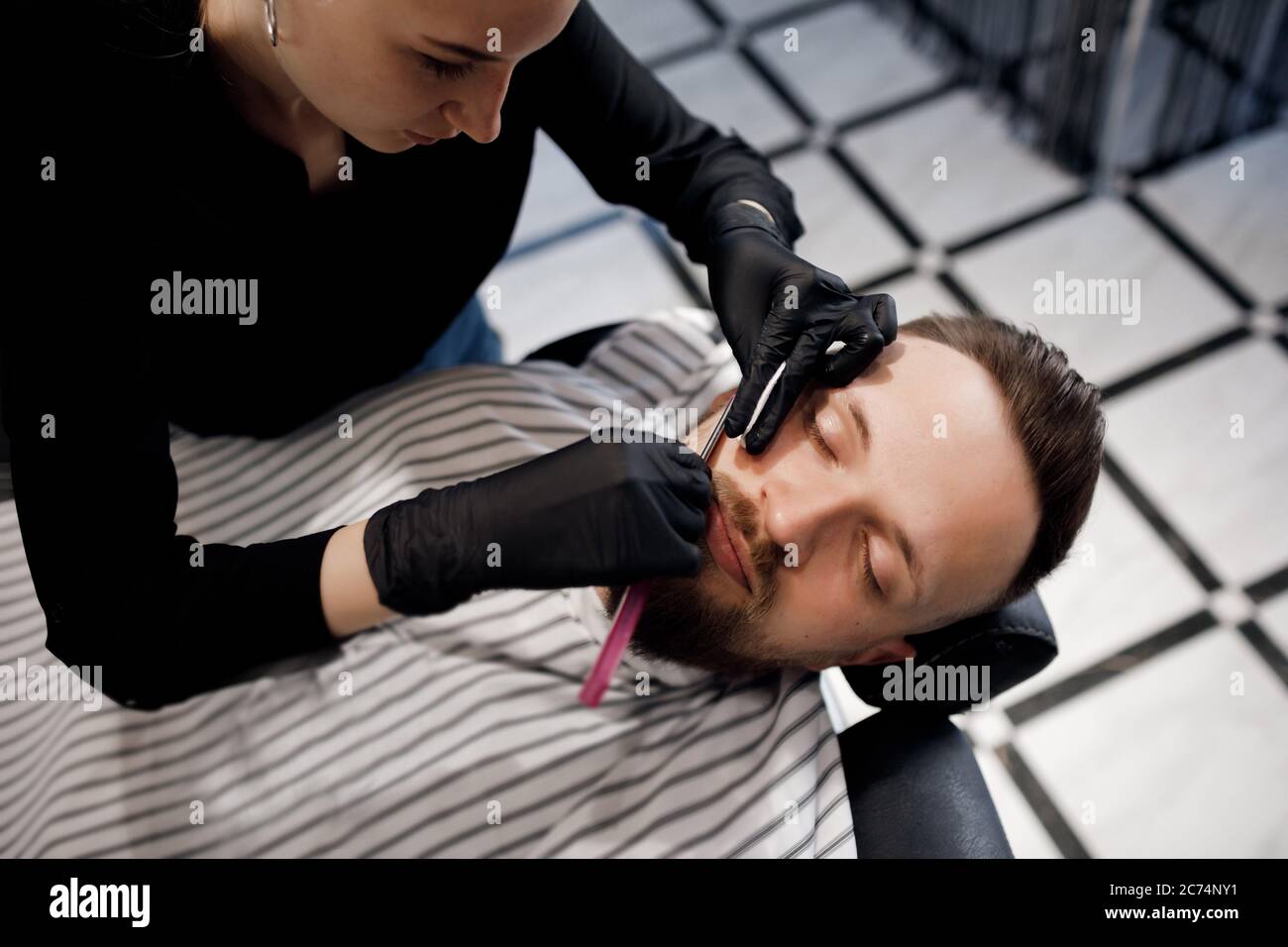 Male barber client barbershop cutting hi-res stock photography and ...