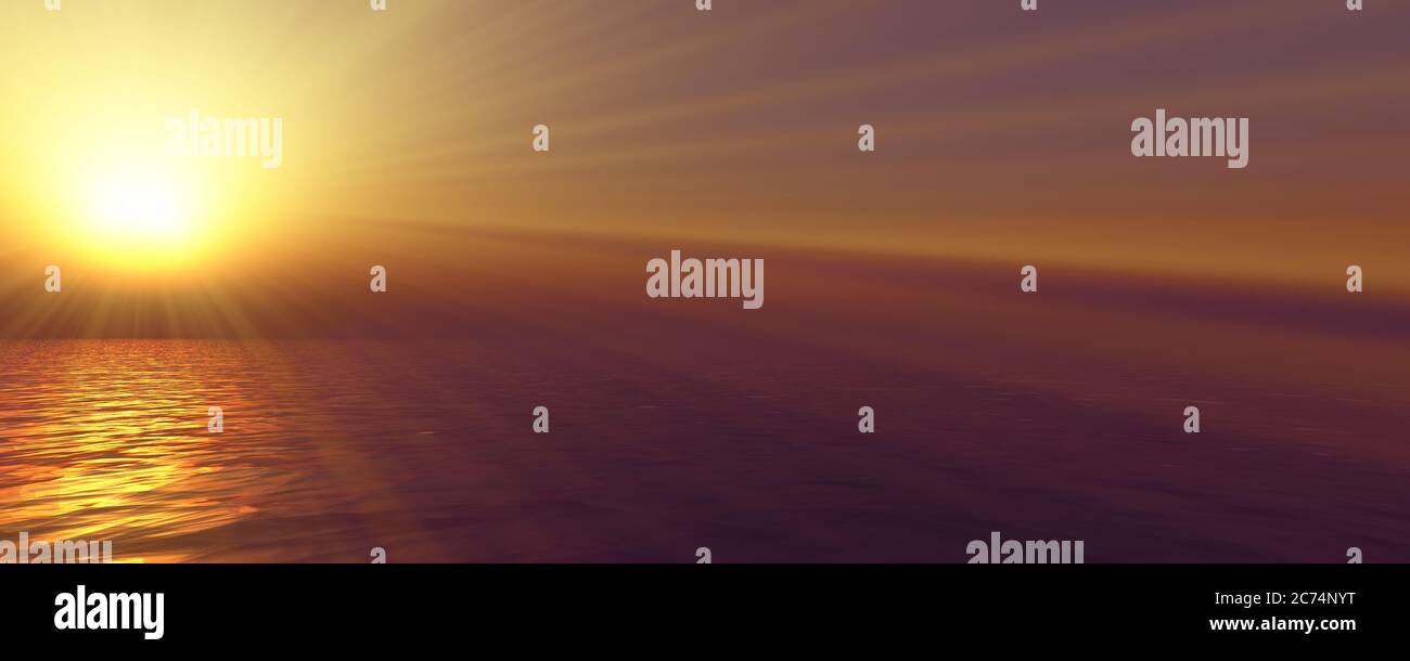 sunset sea sun ray clear sky, 3d rendering illustration Stock Photo - Alamy