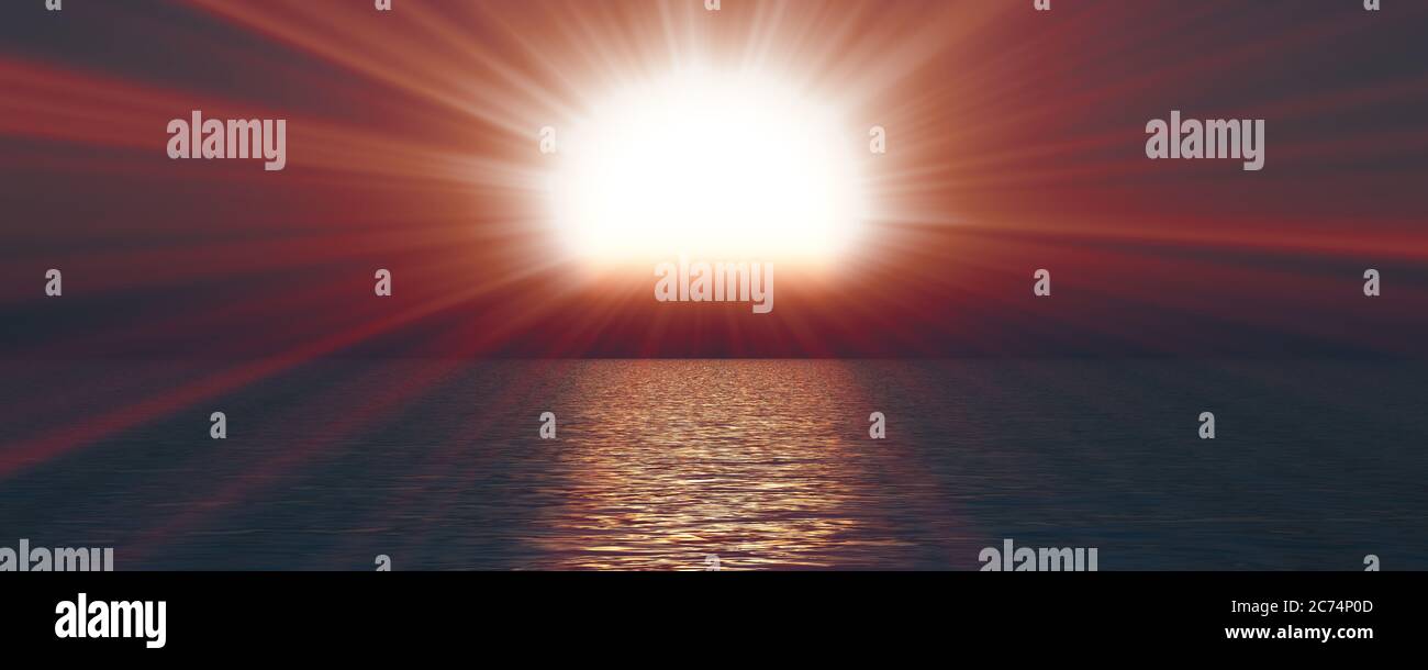 sunset sea sun ray clear sky, 3d rendering illustration Stock Photo - Alamy
