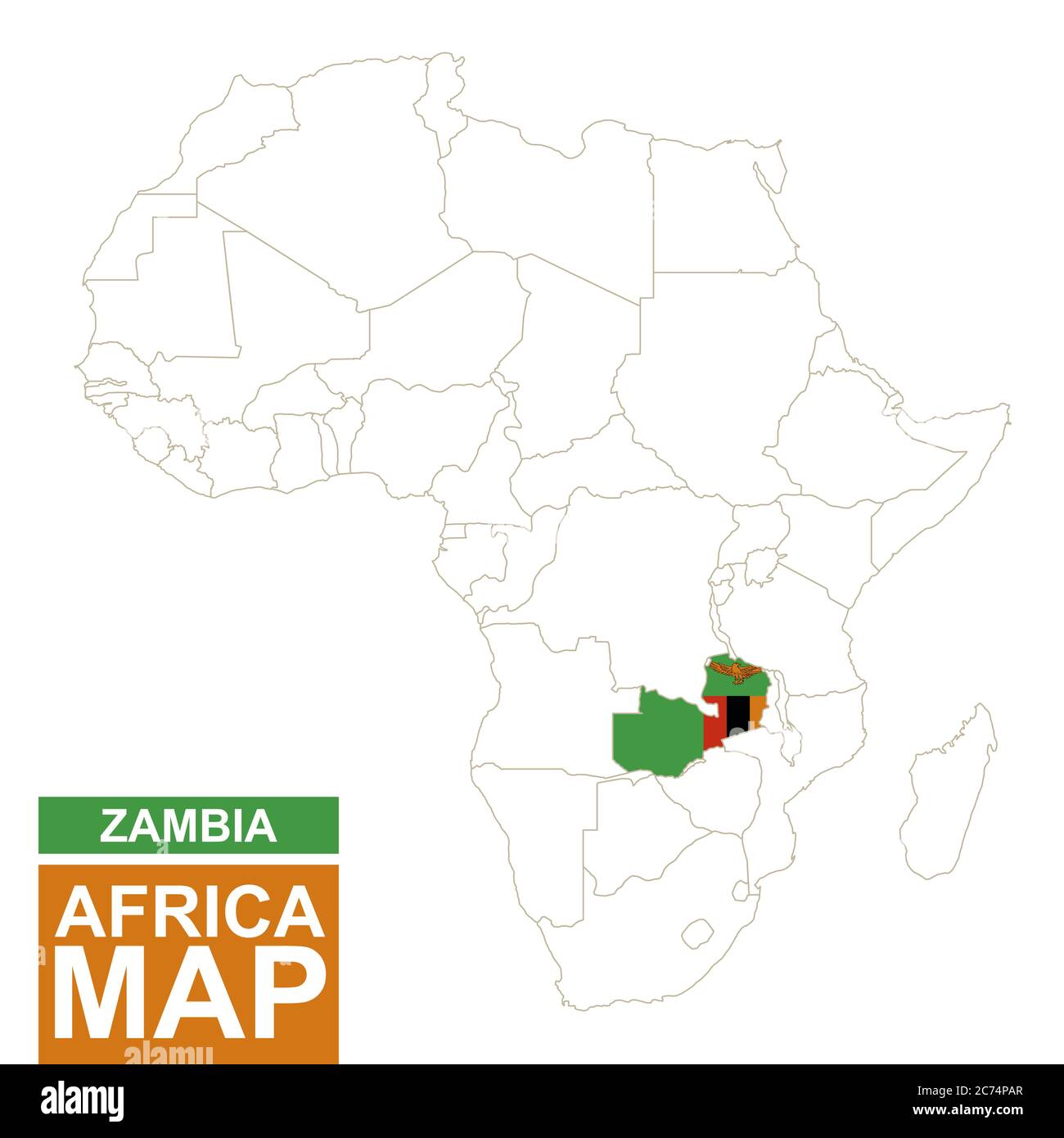 Africa contoured map with highlighted Zambia. Zambia map and flag on ...