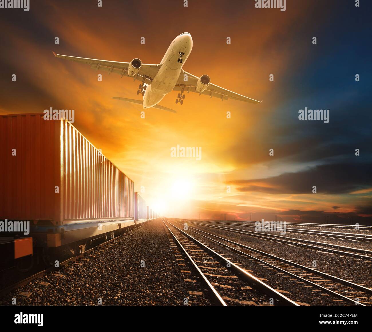 logistic trains and cargo plane flying against beautiful sky background ...