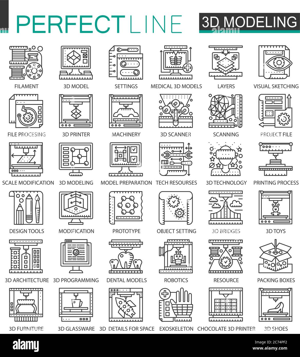 3D printing, 3D modeling and scanning technology outline mini concept ...