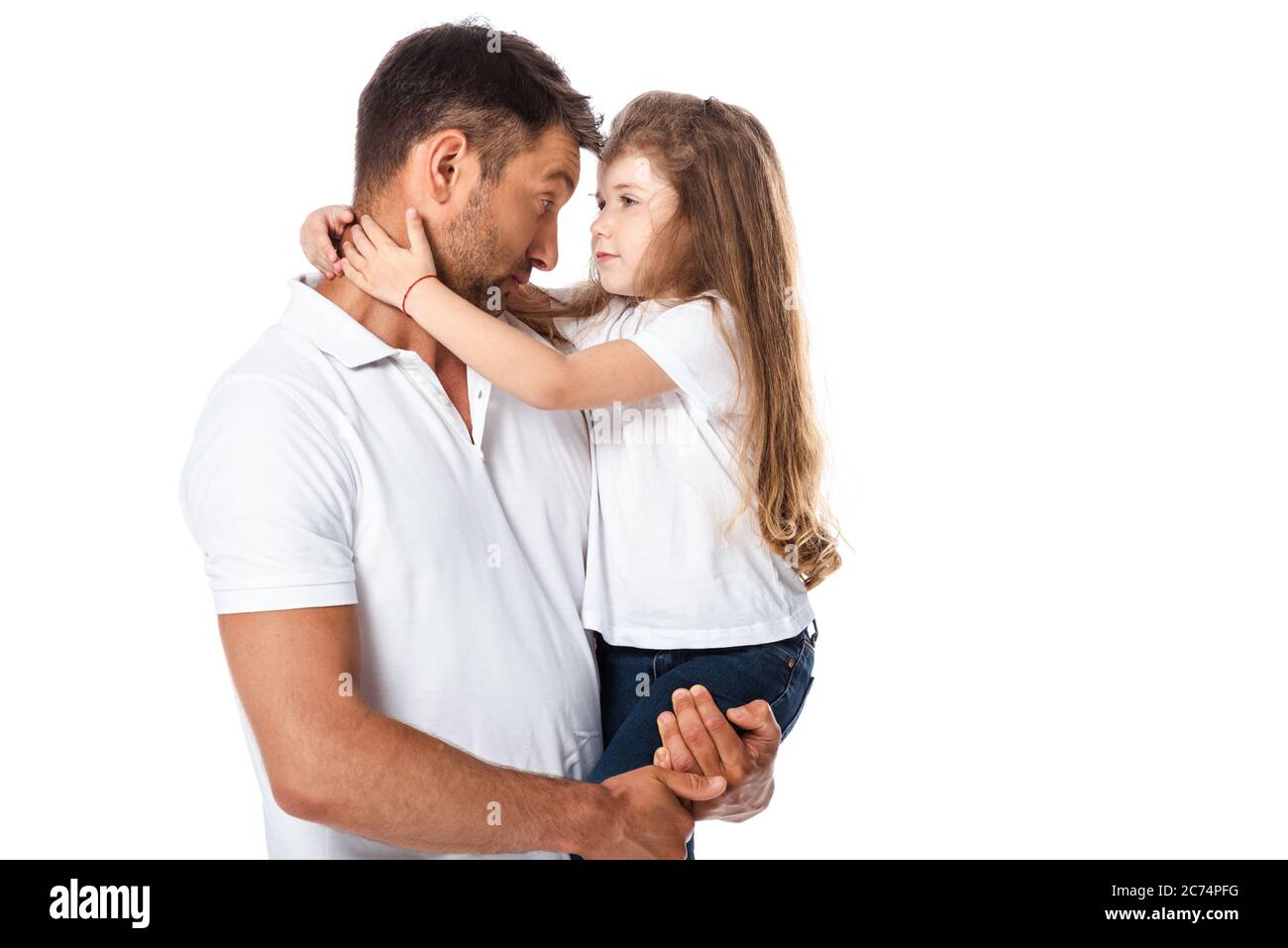 cute kid hugging handsome father isolated on white Stock Photo - Alamy