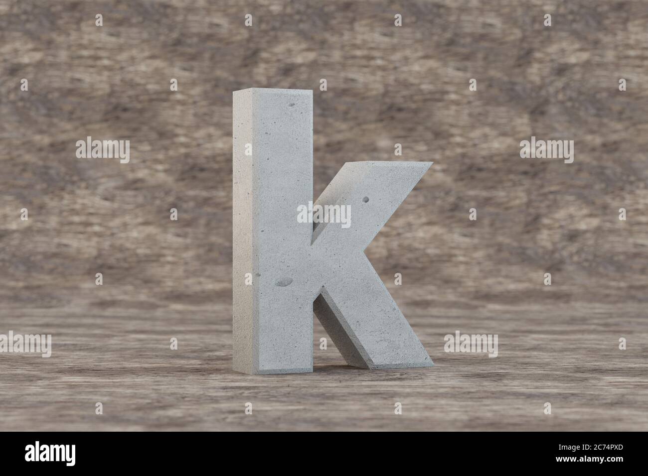 Concrete 3d letter K lowercase. Hard stone letter on wooden background. Concrete alphabet with ...