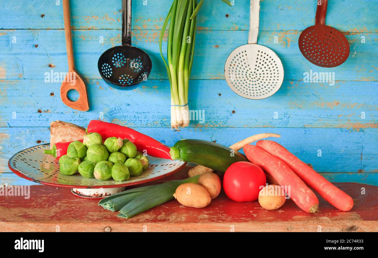 various vegetables and vintage kitchen equipment Stock Photo - Alamy