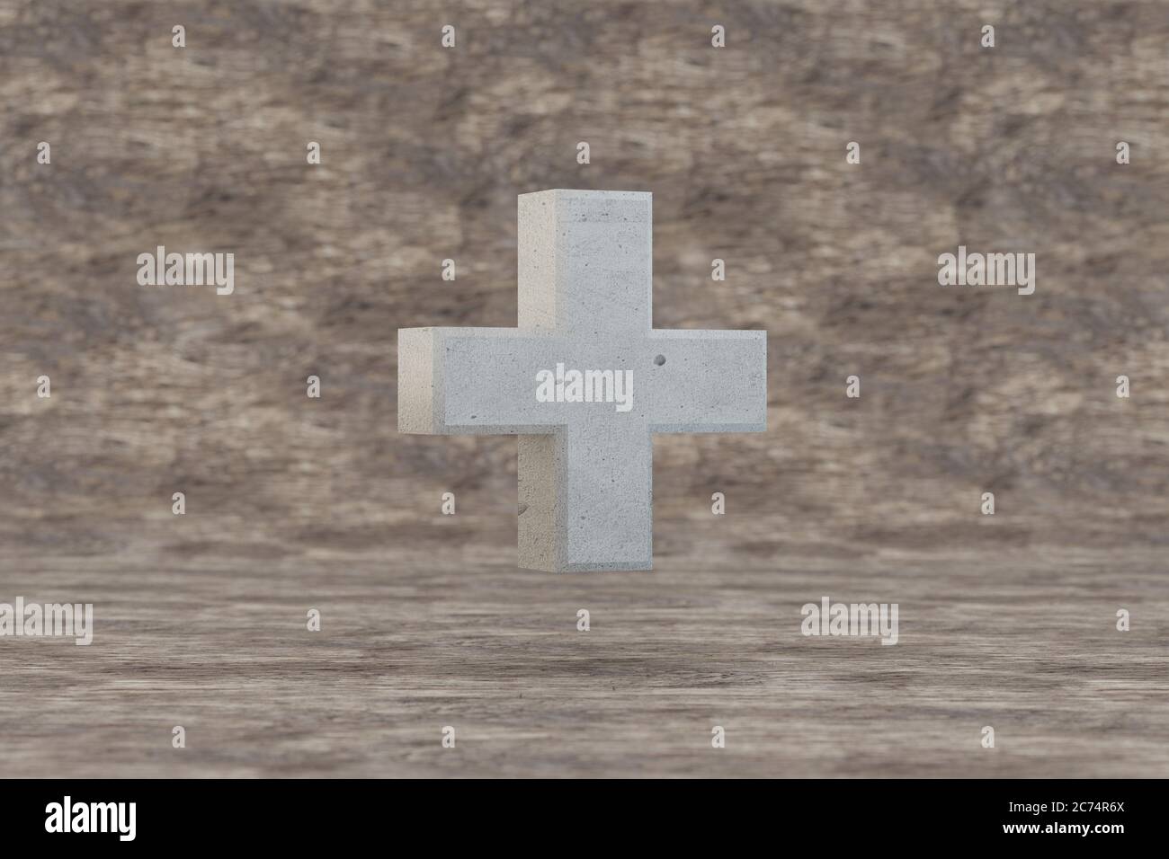 Concrete 3d plus symbol. Hard stone sign on wooden background. Concrete ...