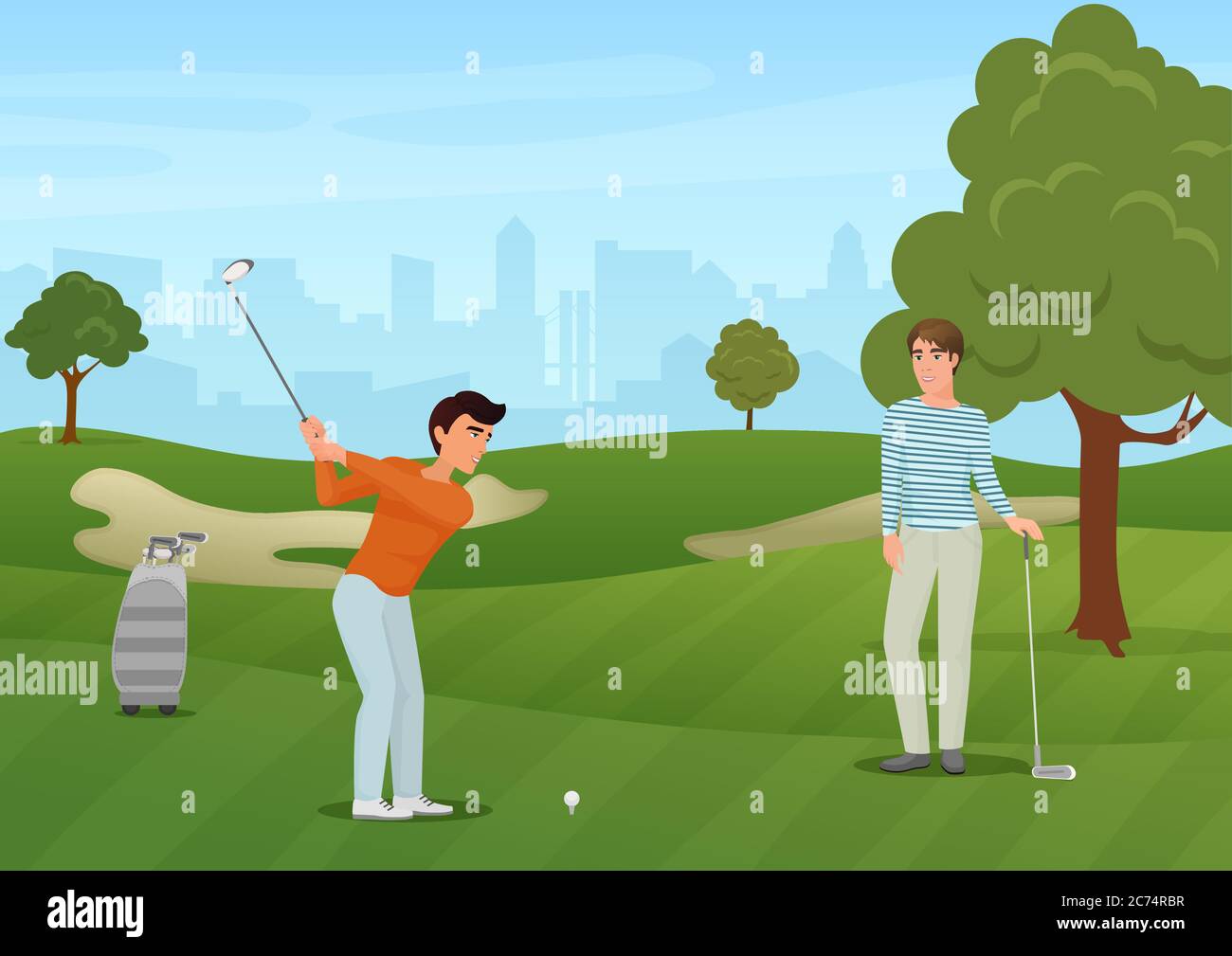 Group golfers friends characters on green background. Vector ...
