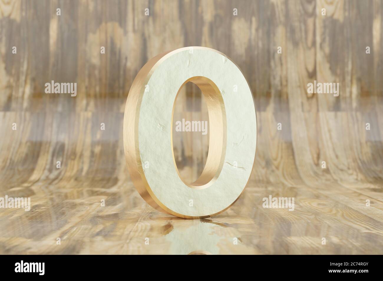 Gold 3d number 0. Golden number on glossy wet wooden background. Golden ...