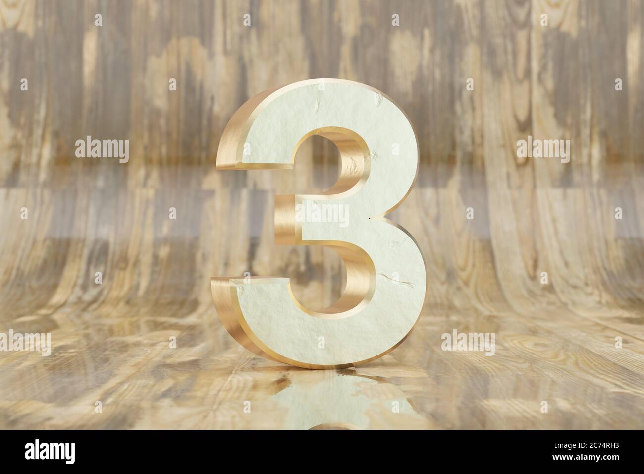 Gold 3d number 3. Golden number on glossy wet wooden background. Golden ...