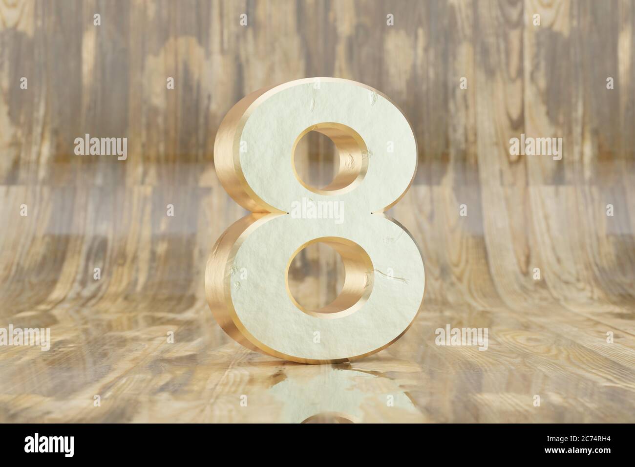 Gold 3d number 8. Golden number on glossy wet wooden background. Golden ...