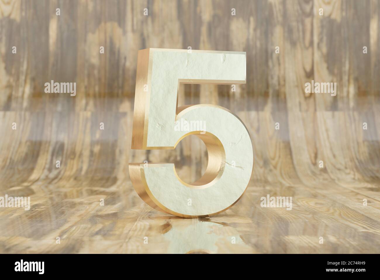 Gold 3d number 5. Golden number on glossy wet wooden background. Golden ...