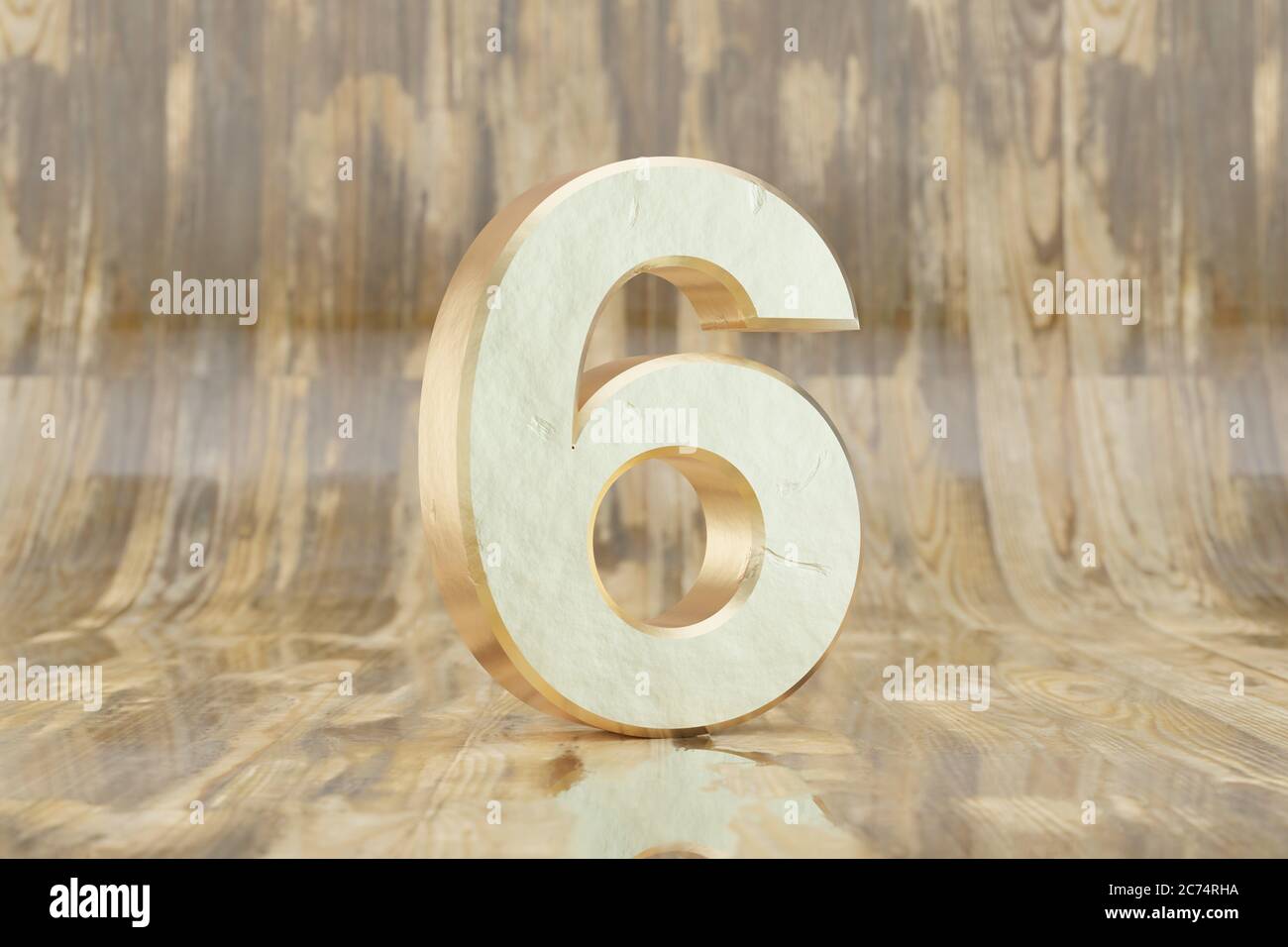 Gold 3d number 6. Golden number on glossy wet wooden background. Golden ...