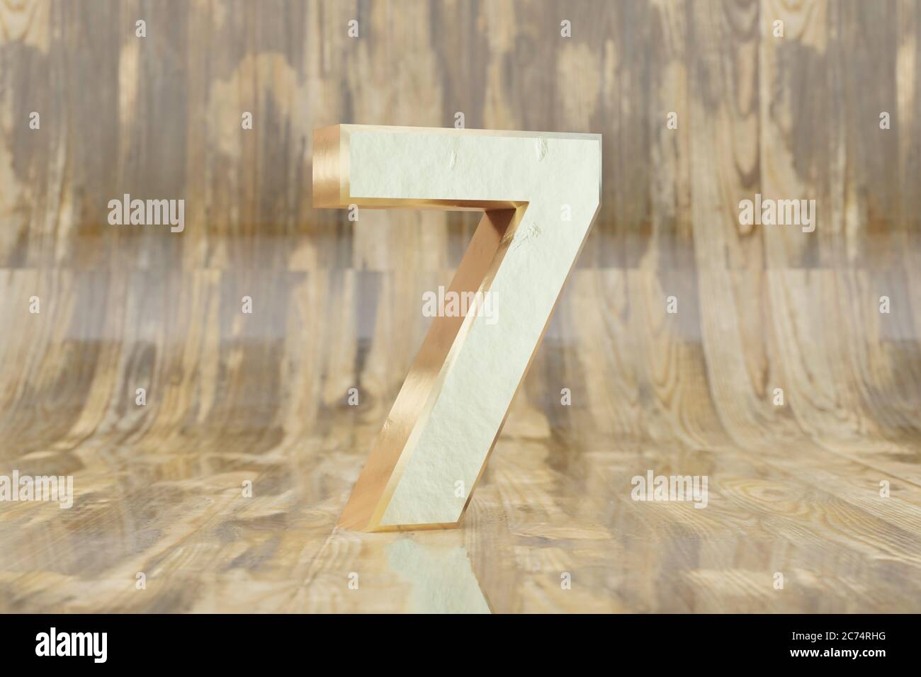 Gold 3d number 7. Golden number on glossy wet wooden background. Golden ...