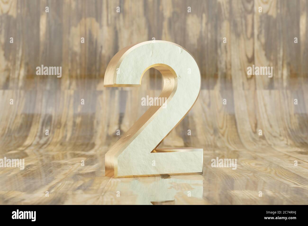 Gold 3d number 2. Golden number on glossy wet wooden background. Golden ...