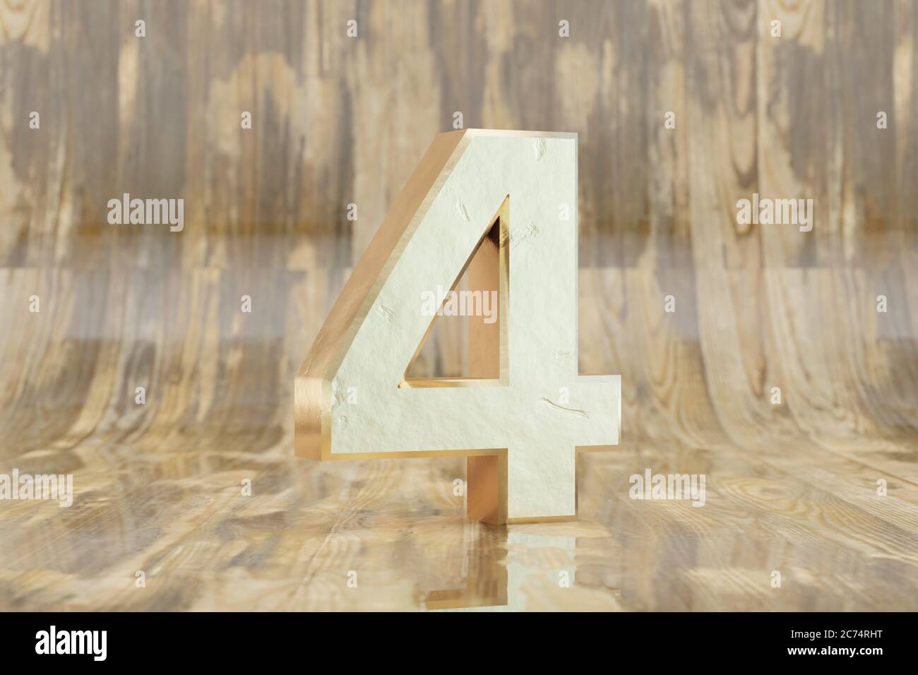 Gold 3d number 4. Golden number on glossy wet wooden background. Golden ...