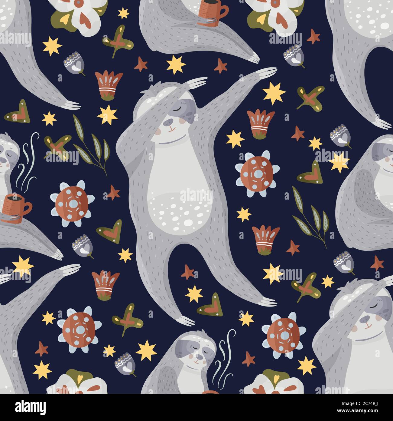 Cute sloths dancing dub dance. Cartoon vector seamless pattern in a ...