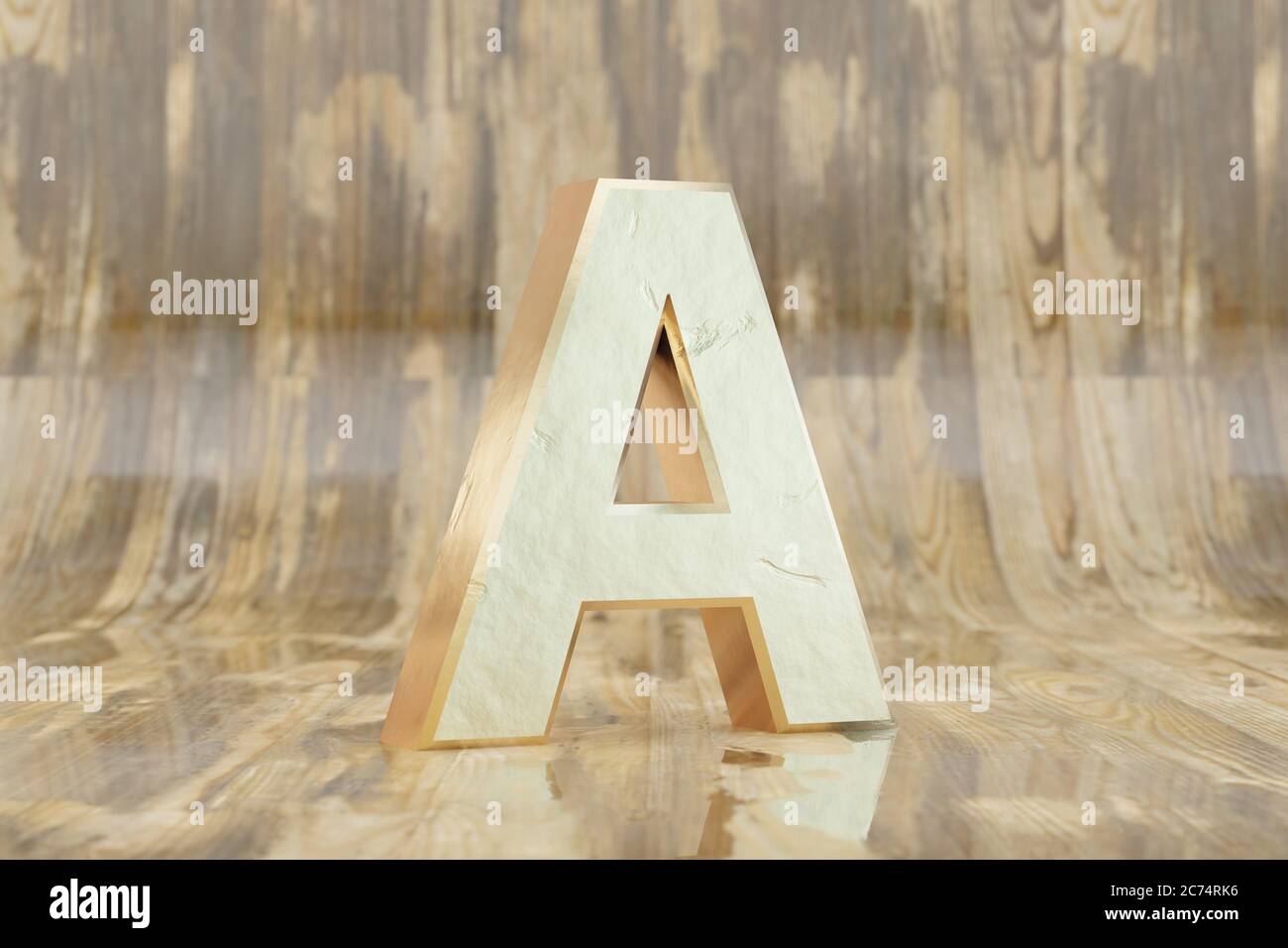 Gold 3d letter A uppercase. Golden letter on glossy wet wooden ...