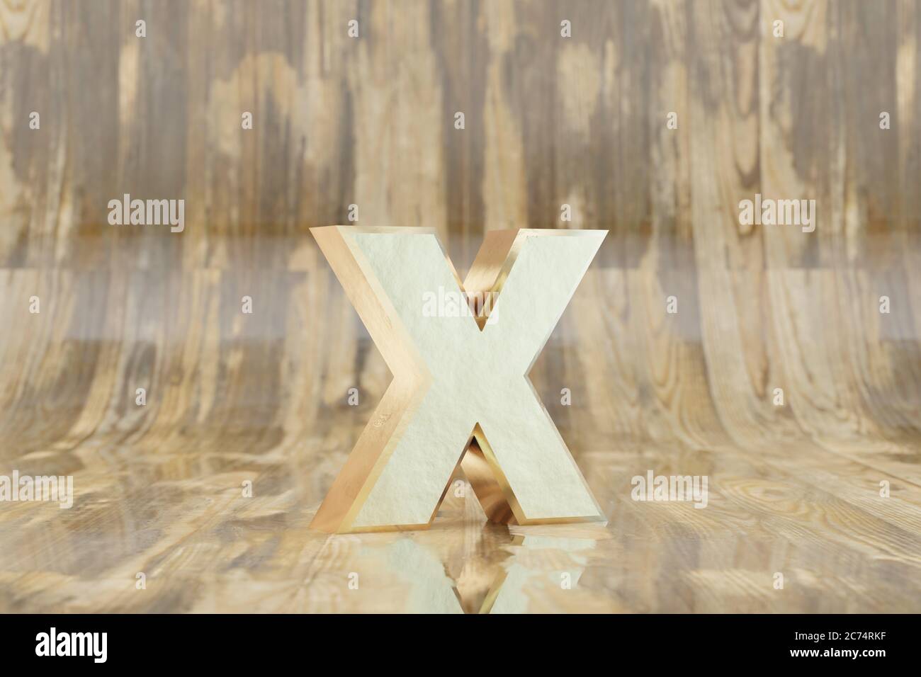 Gold 3d letter X lowercase. Golden letter on glossy wet wooden ...