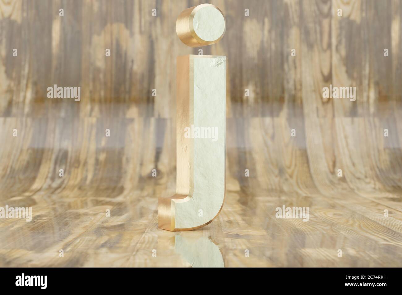 Gold 3d letter J lowercase. Golden letter on glossy wet wooden ...