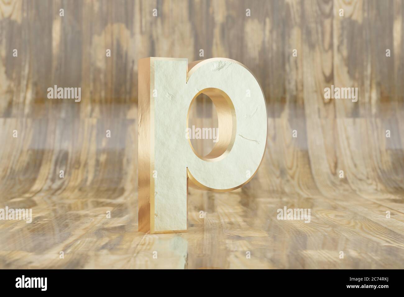 Gold 3d letter P lowercase. Golden letter on glossy wet wooden ...