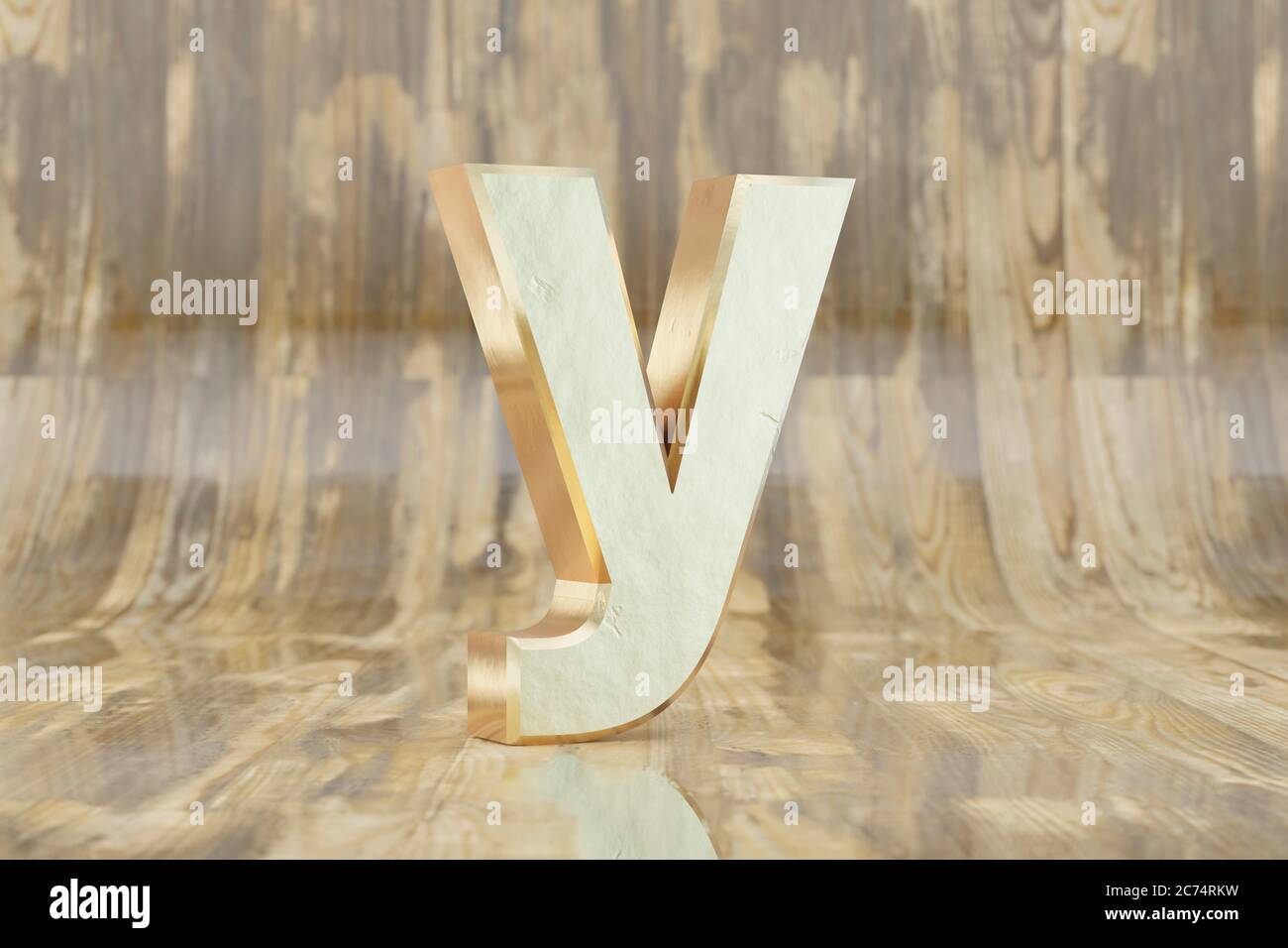 Gold 3d letter Y lowercase. Golden letter on glossy wet wooden ...