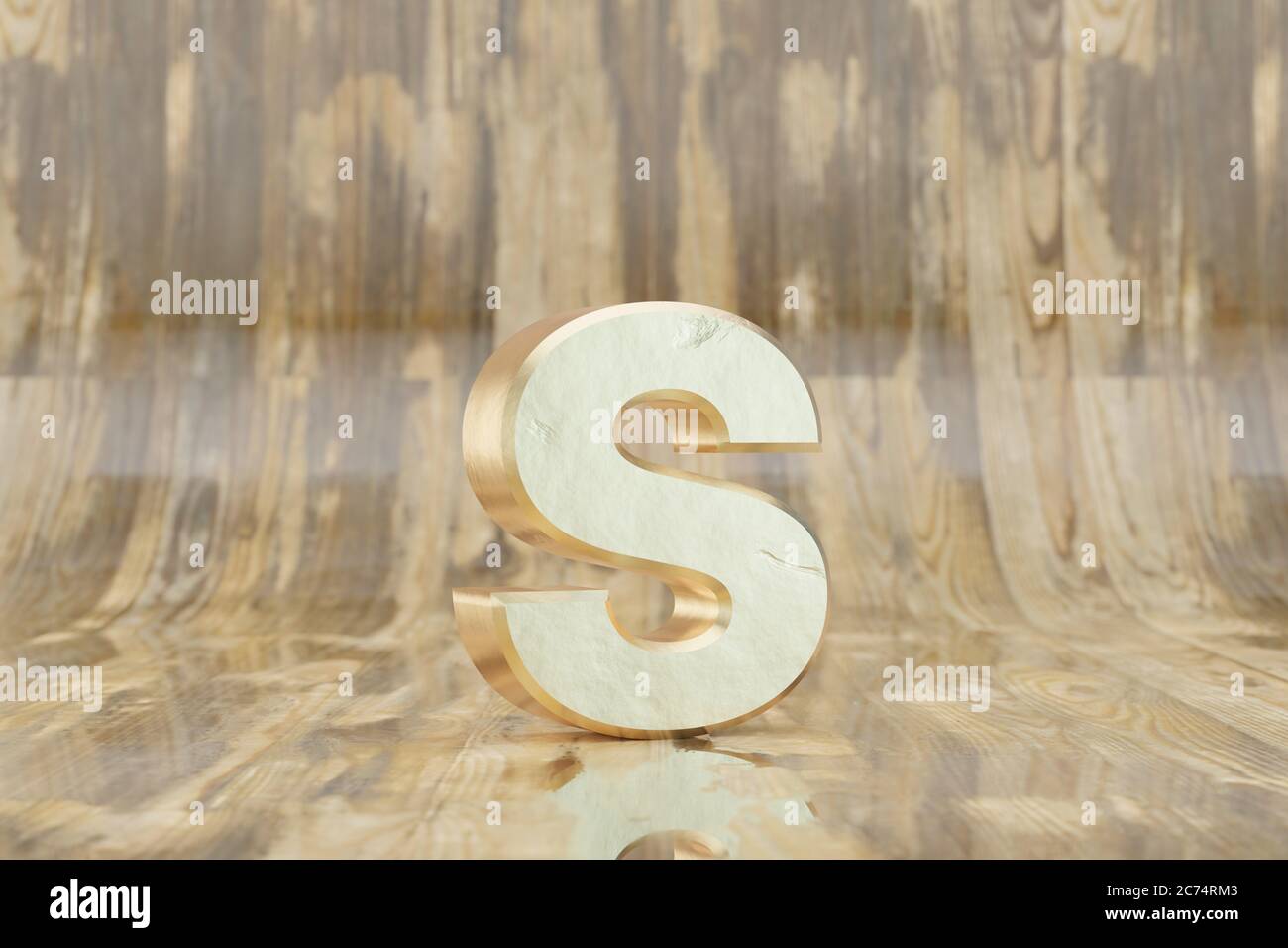 Gold 3d letter S lowercase. Golden letter on glossy wet wooden ...