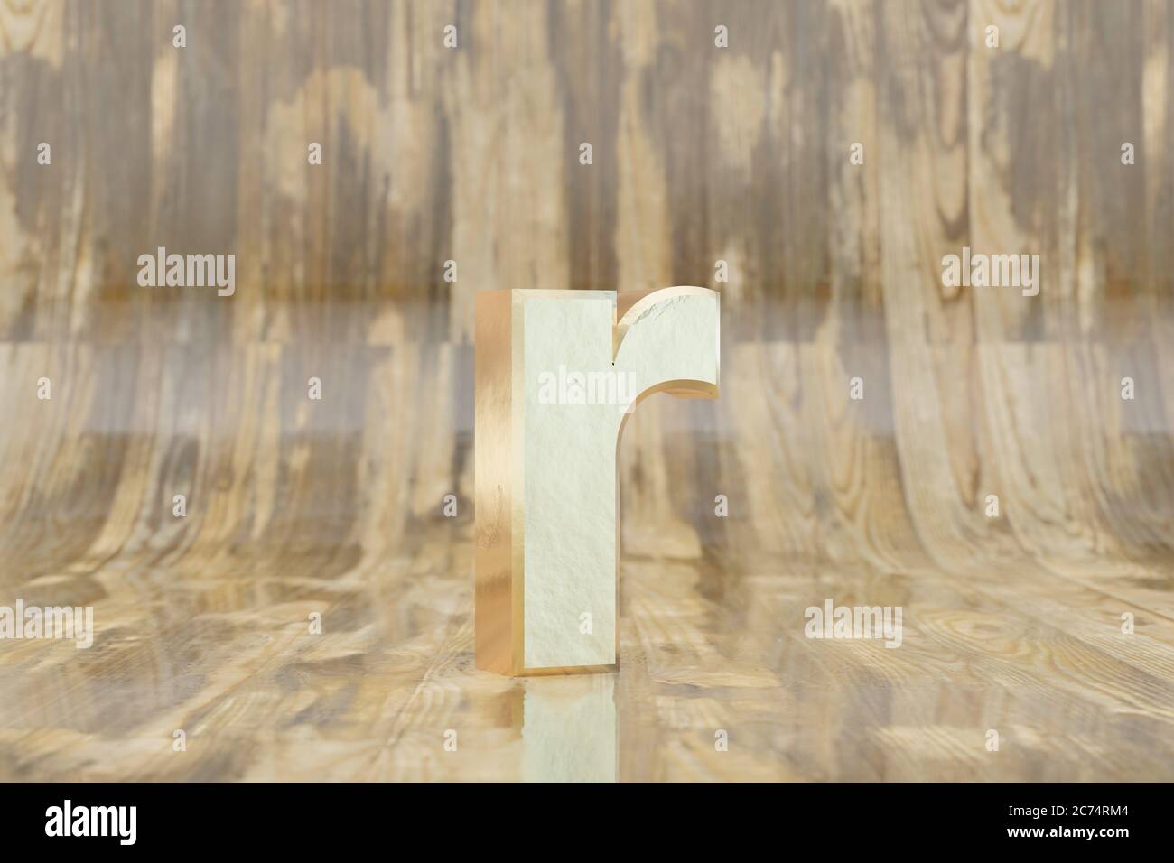 Gold 3d letter R lowercase. Golden letter on glossy wet wooden ...