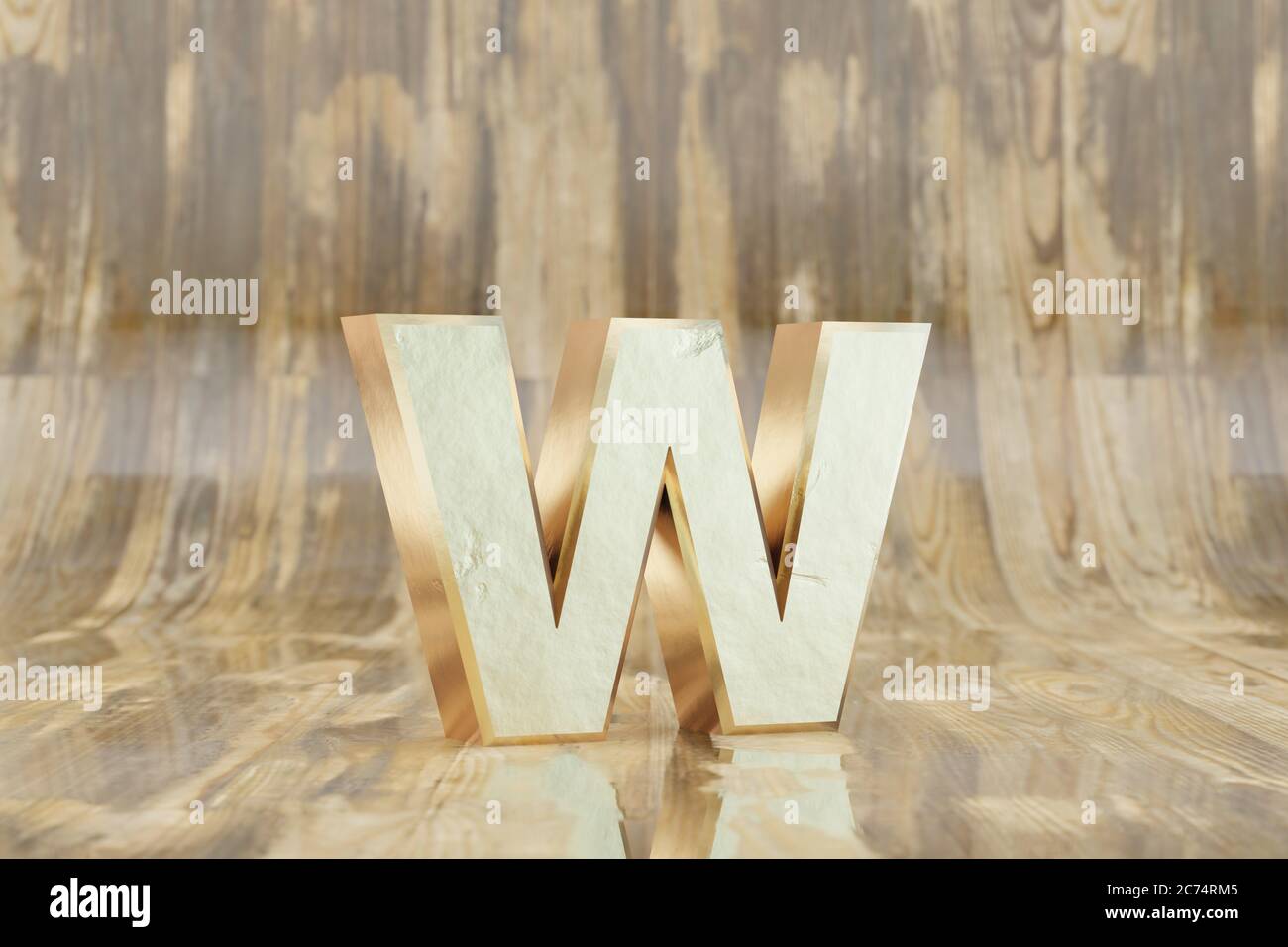 Gold 3d letter W lowercase. Golden letter on glossy wet wooden ...