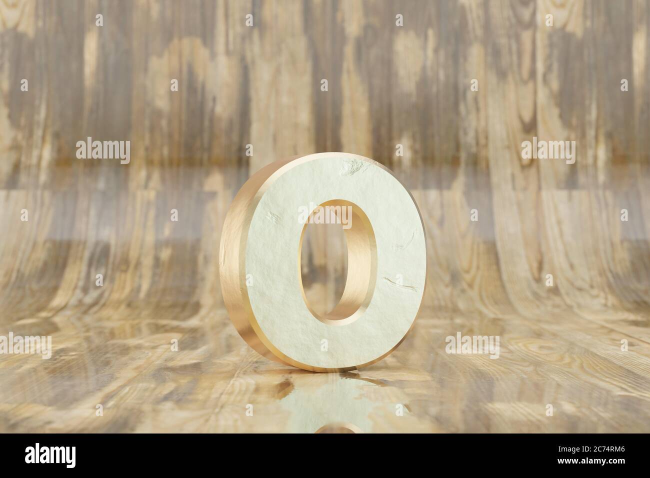 Gold 3d letter O lowercase. Golden letter on glossy wet wooden ...