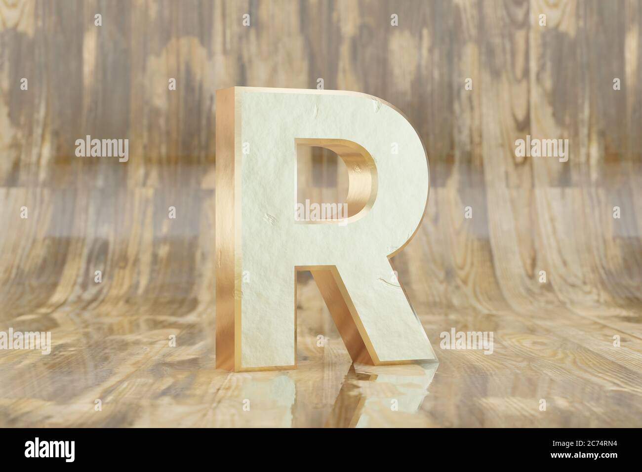 Gold 3d letter R uppercase. Golden letter on glossy wet wooden ...
