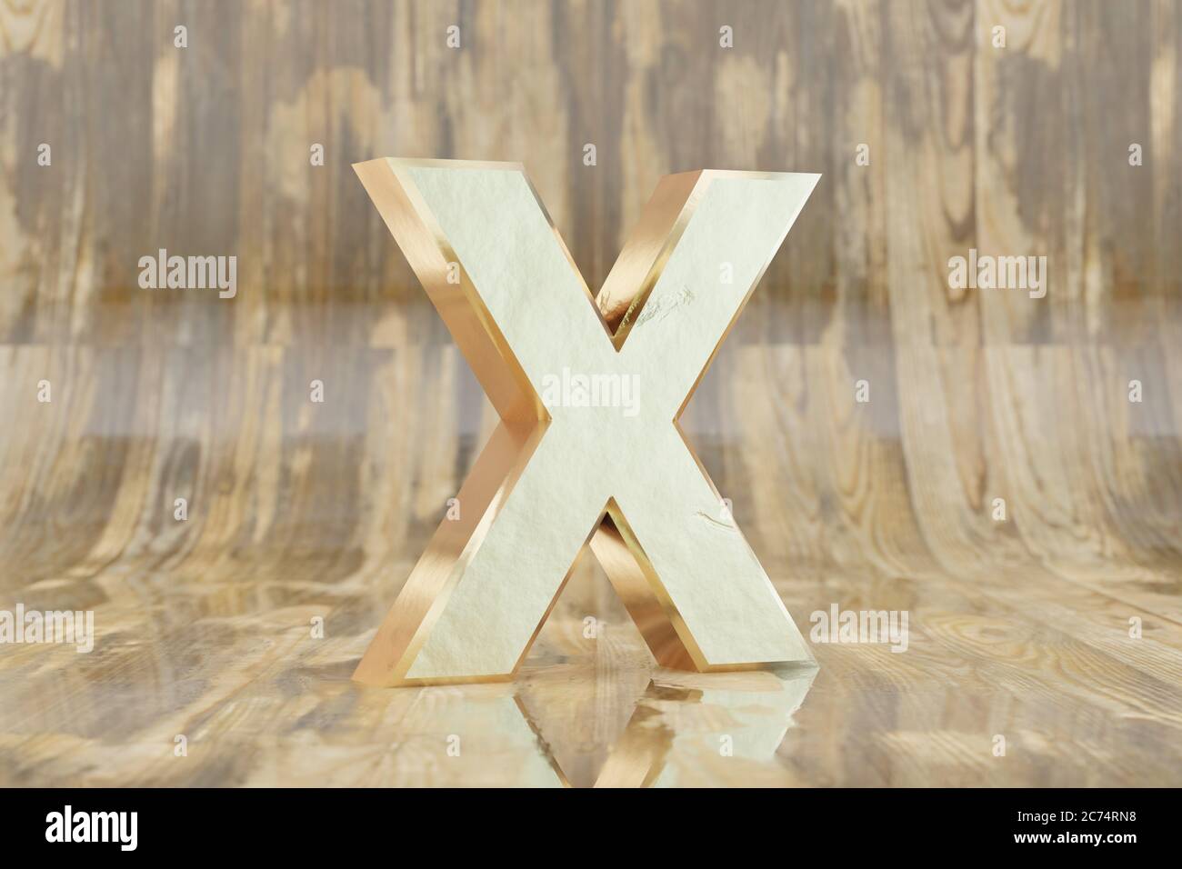 Gold 3d letter X uppercase. Golden letter on glossy wet wooden ...