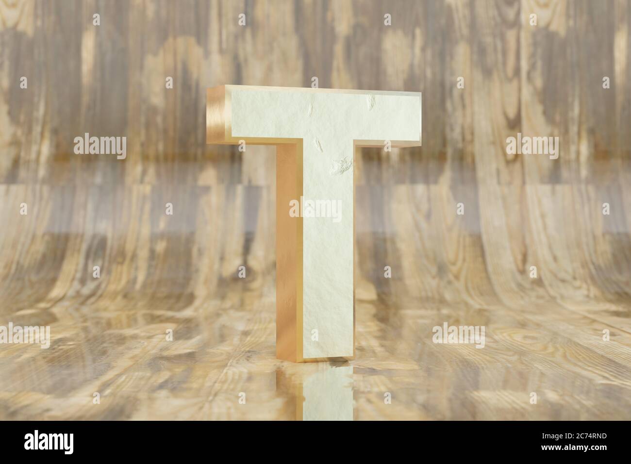Gold 3d letter T uppercase. Golden letter on glossy wet wooden ...