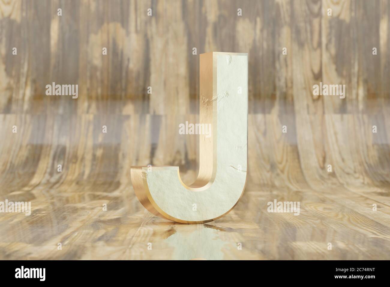 Gold 3d letter J uppercase. Golden letter on glossy wet wooden ...