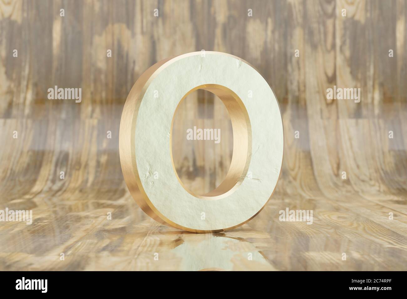 Gold 3d letter O uppercase. Golden letter on glossy wet wooden ...