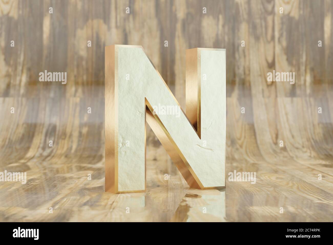 Gold 3d letter N uppercase. Golden letter on glossy wet wooden ...