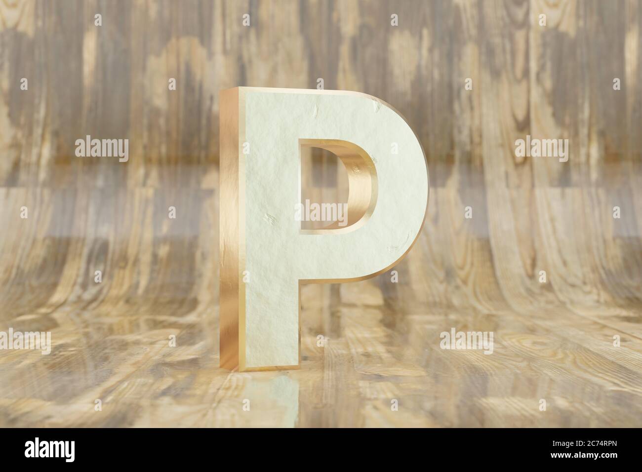 Gold 3d letter P uppercase. Golden letter on glossy wet wooden ...