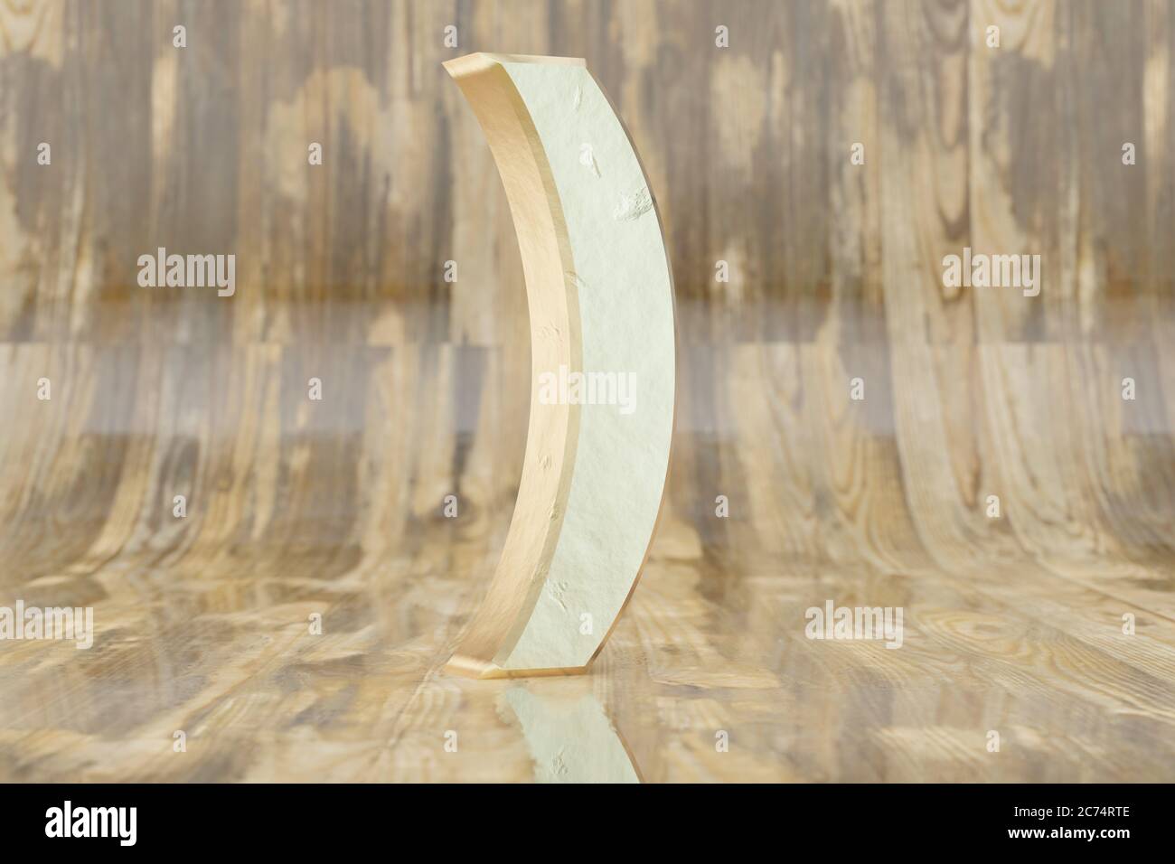 Gold 3d round bracket symbol. Golden sign on glossy wet wooden ...